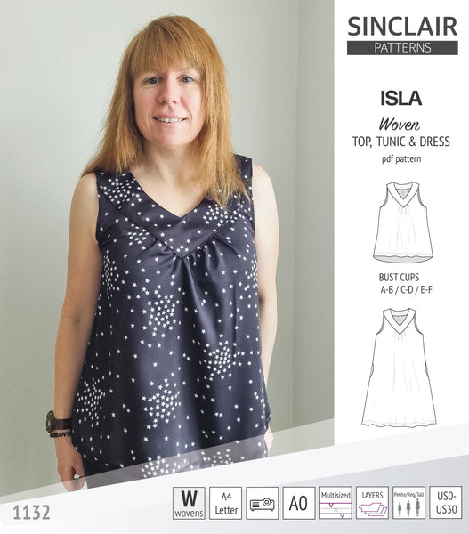 Isla V-neck sleeveless top, tunic and dress for woven and knit fabrics - Sinclair Patterns