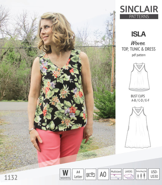 Isla V-neck sleeveless top, tunic and dress for woven and knit fabrics - Sinclair Patterns