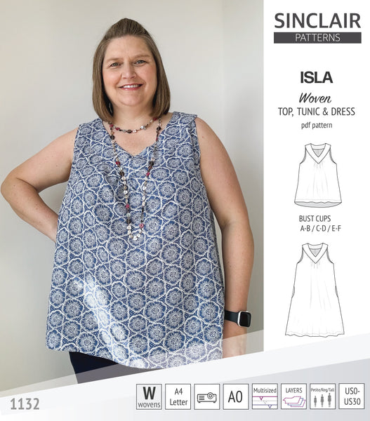 Isla V-neck sleeveless top, tunic and dress for woven and knit fabrics - Sinclair Patterns