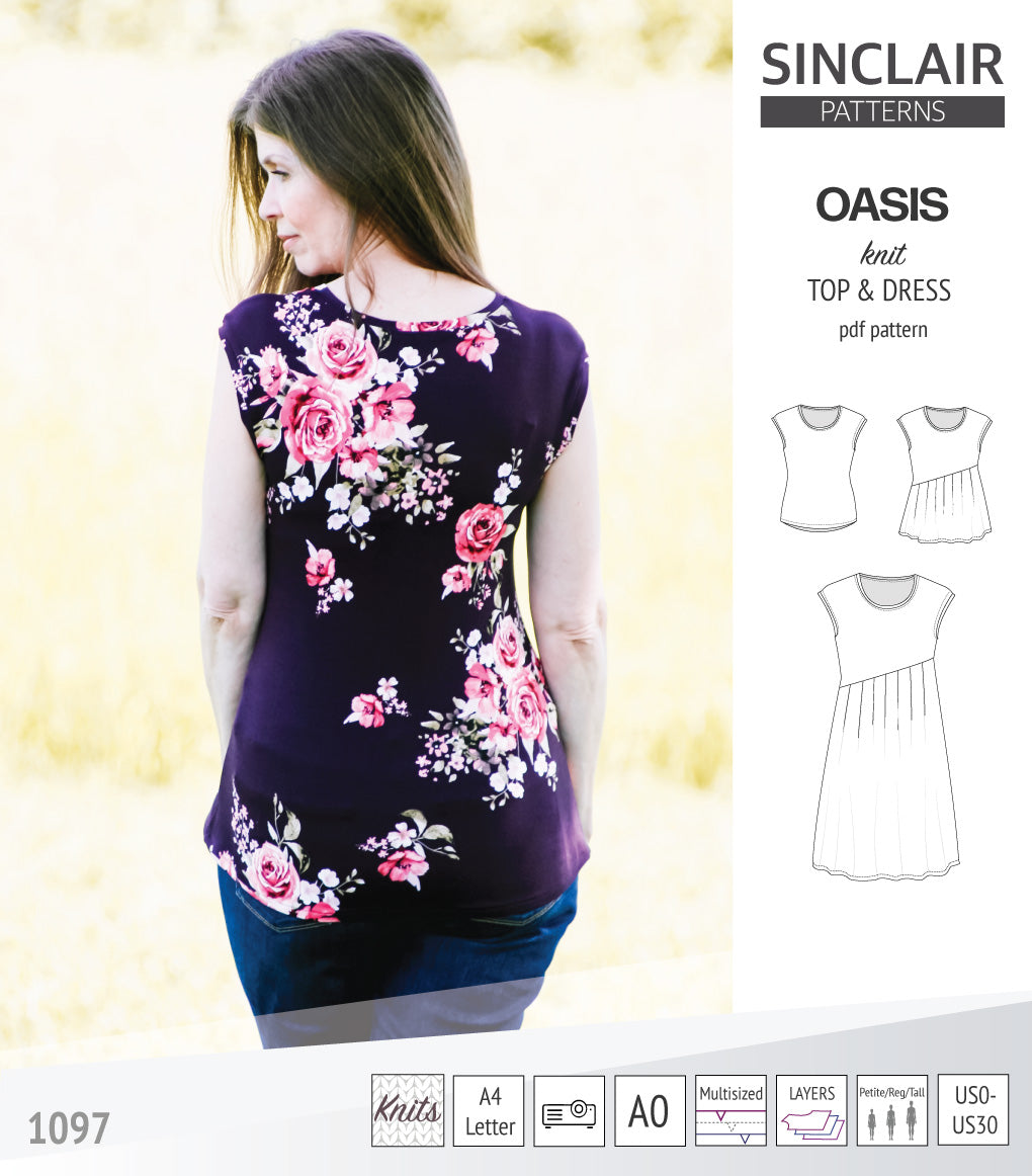 Oasis cap sleeve top and dress with pockets pdf sewing pattern ...