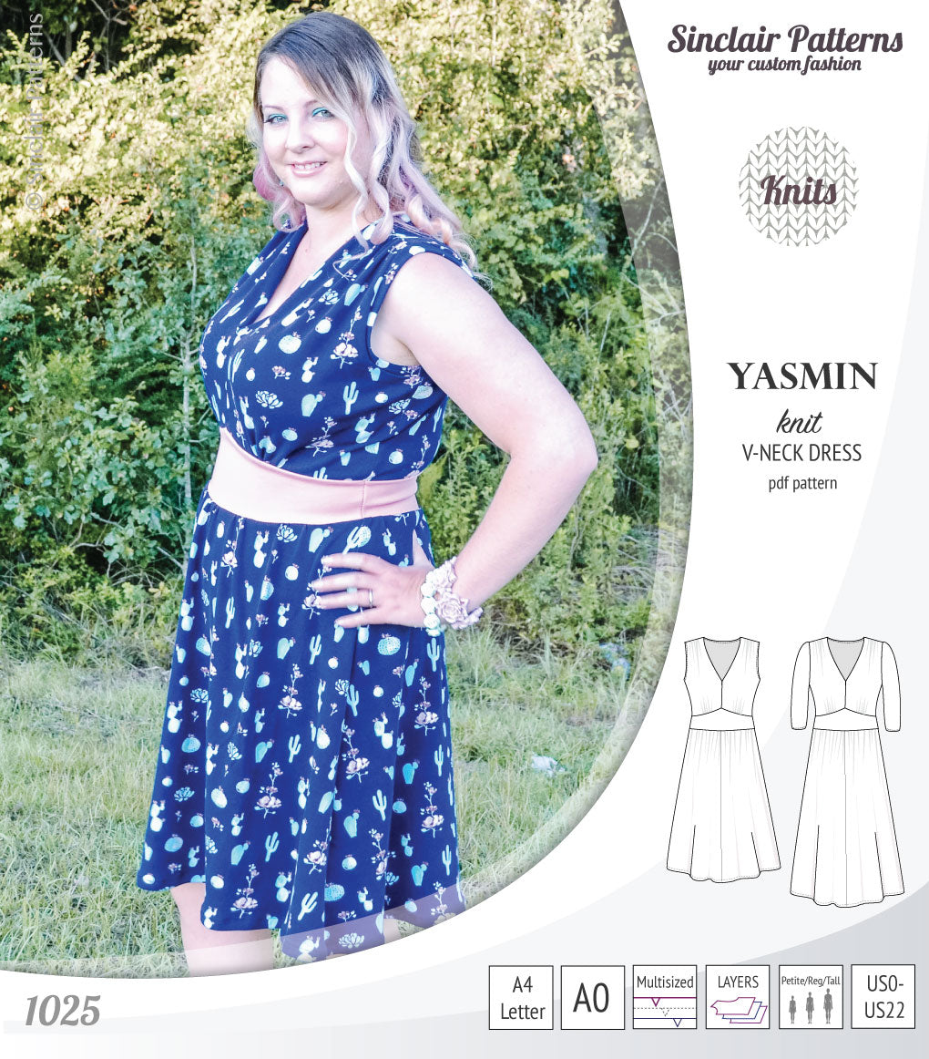 Yasmin V neck knit dress with pleated accents (PDF) – Sinclair Patterns