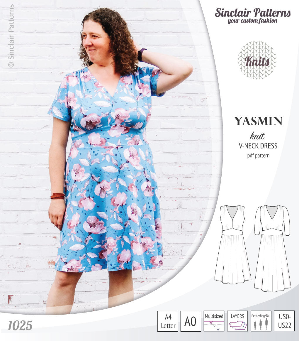 Yasmin V neck knit dress with pleated accents (PDF) – Sinclair Patterns