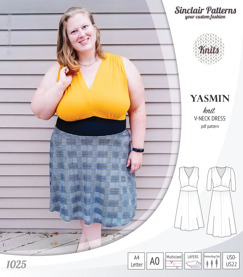 Yasmin V neck knit dress with pleated accents (PDF) – Sinclair Patterns