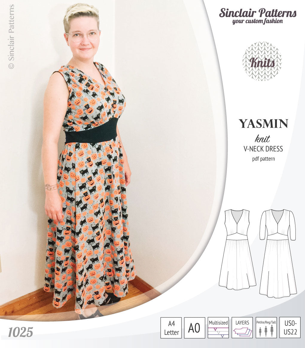 Yasmin V neck knit dress with pleated accents (PDF) – Sinclair Patterns
