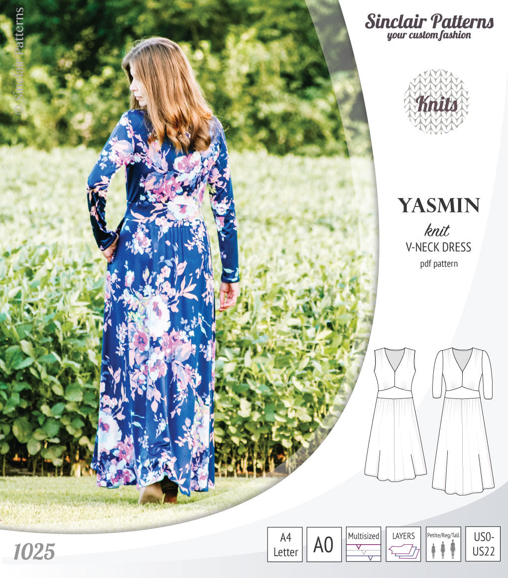 Yasmin V neck knit dress with pleated accents (PDF) – Sinclair Patterns