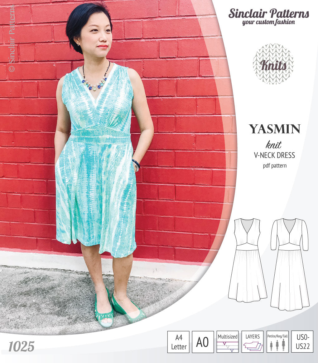 Yasmin V neck knit dress with pleated accents (PDF) – Sinclair Patterns