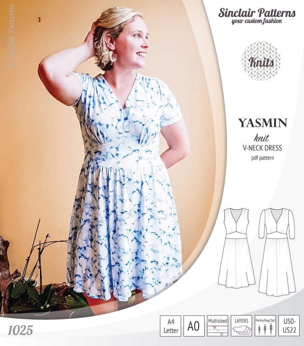 Yasmin V neck knit dress with pleated accents (PDF) – Sinclair Patterns