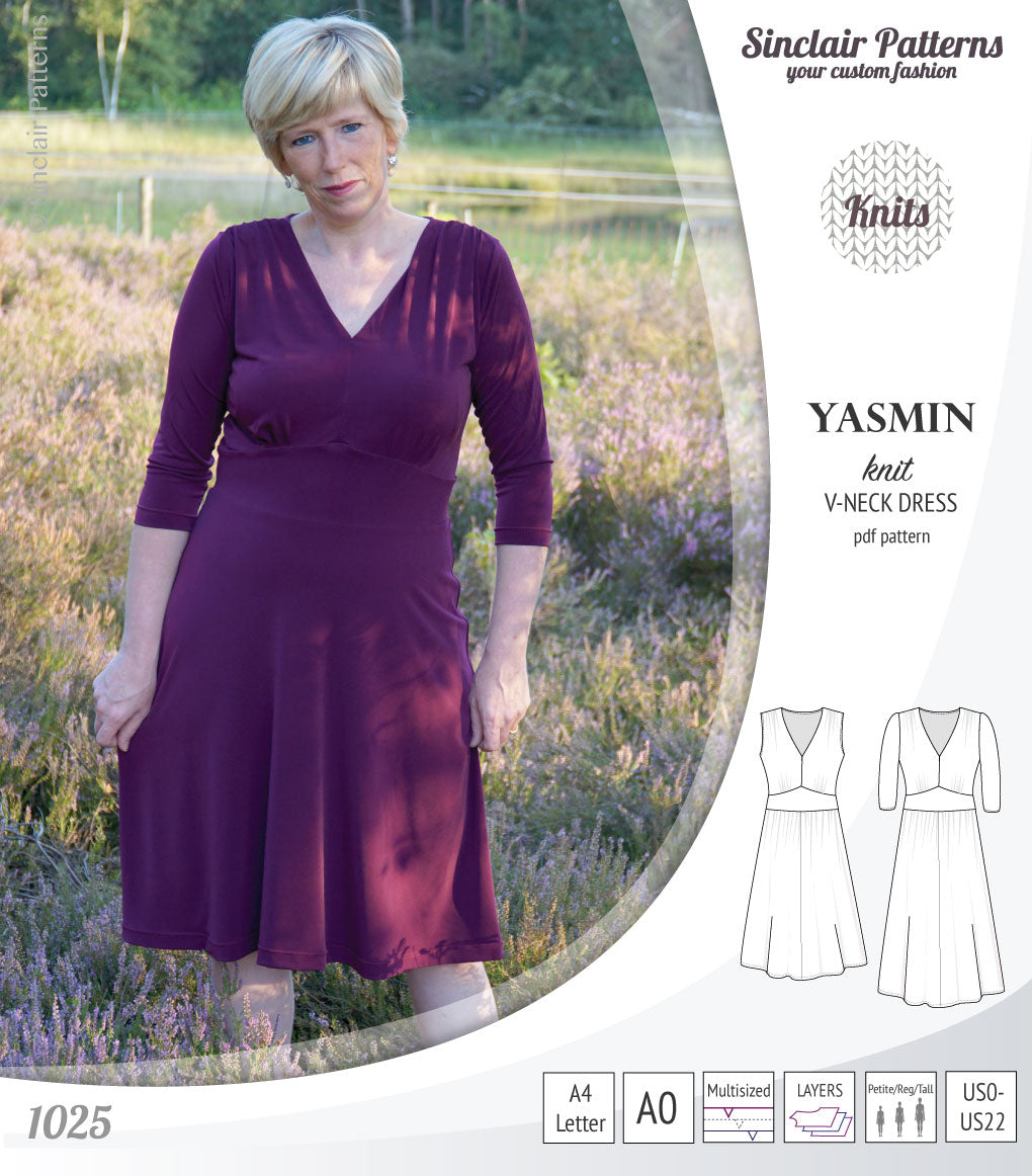 Yasmin V neck knit dress with pleated accents (PDF) – Sinclair Patterns