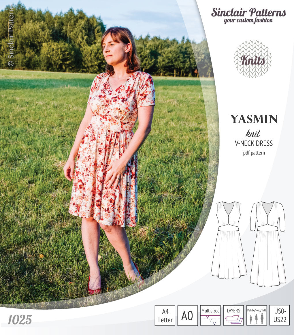 Yasmin V neck knit dress with pleated accents (PDF) – Sinclair Patterns
