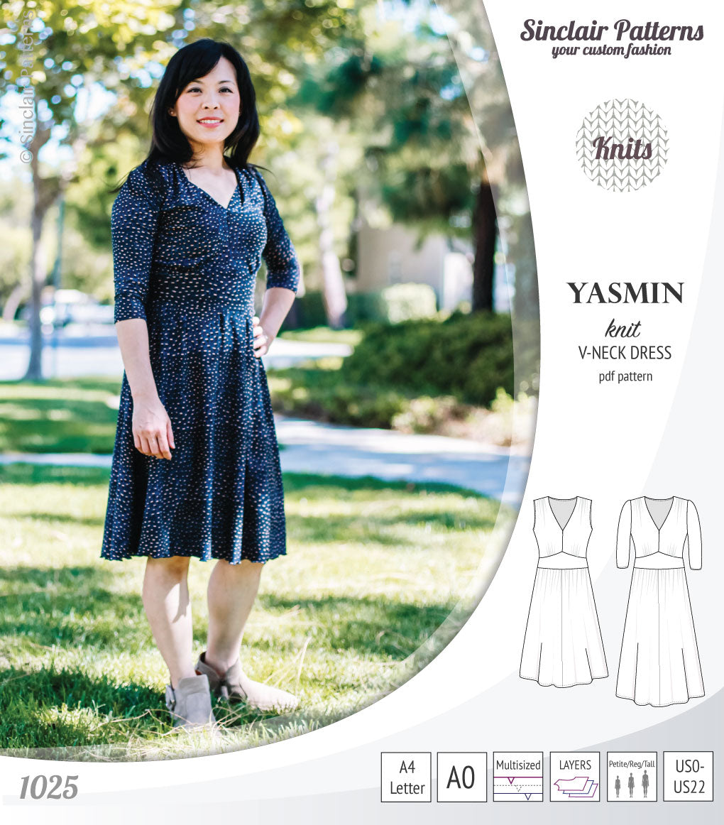Yasmin V neck knit dress with pleated accents (PDF) – Sinclair Patterns