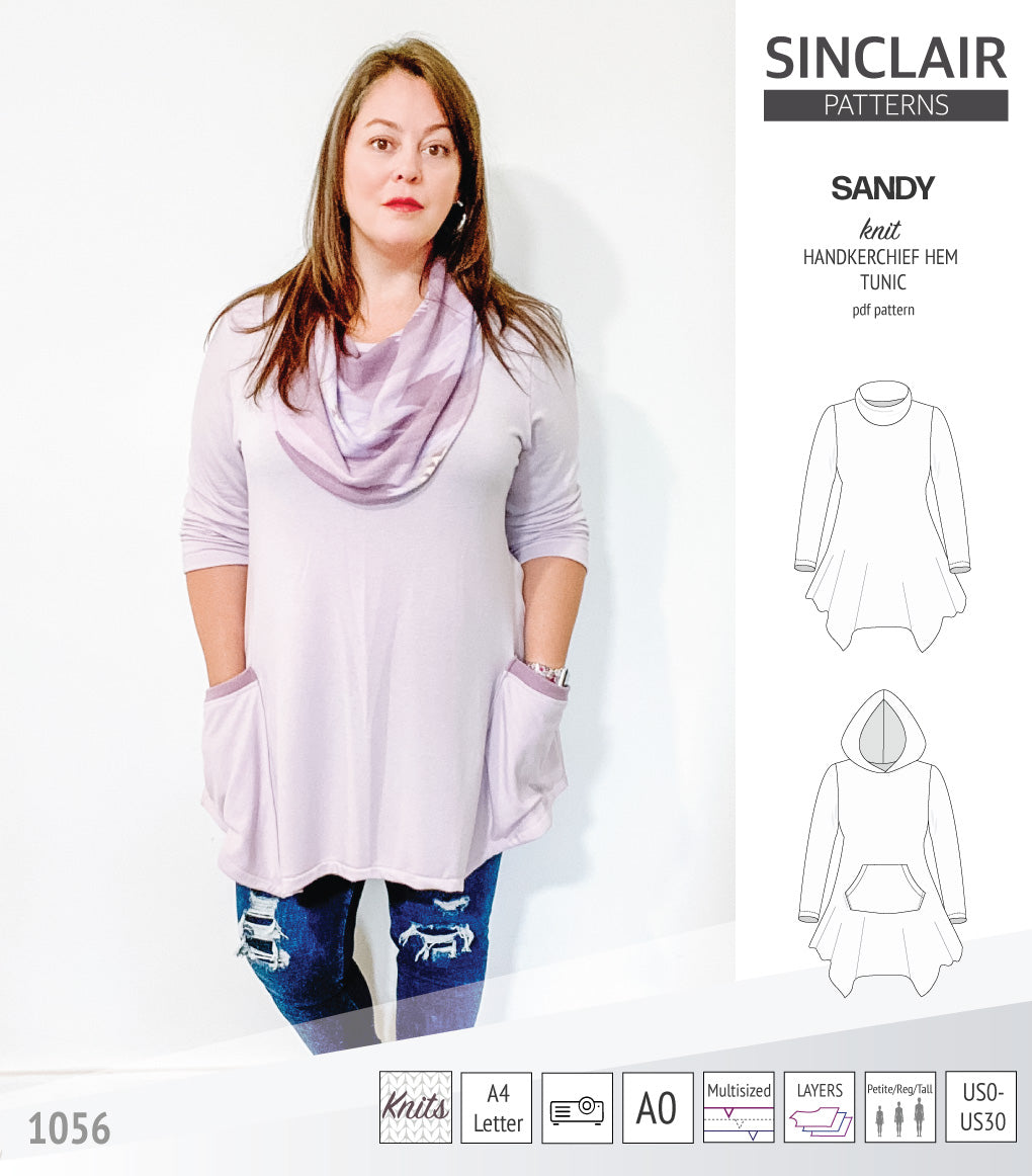 Sandy knit handkerchief hem tunic with a cowl, collar, hood and pockets ...