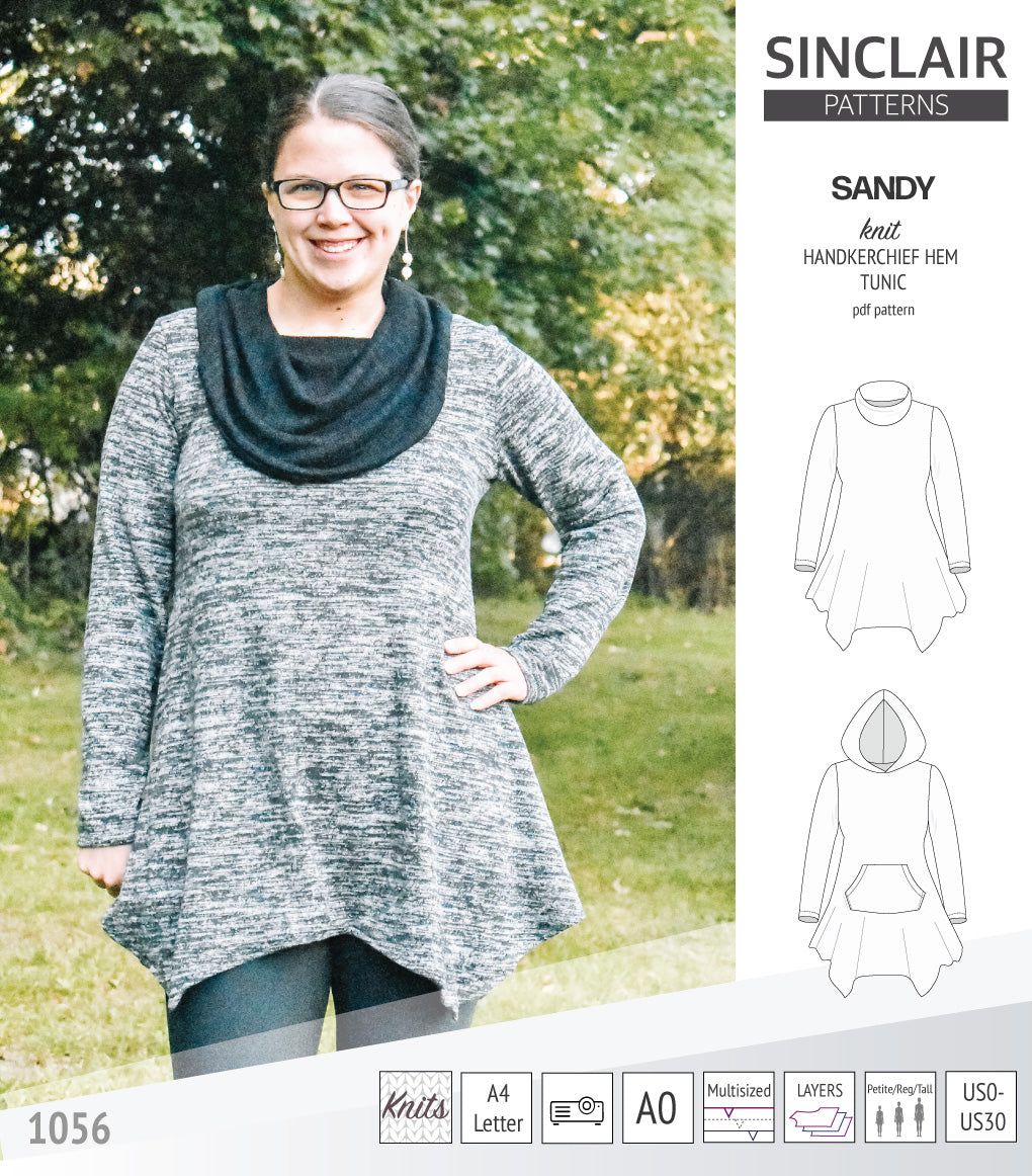 Sandy knit handkerchief hem tunic with a cowl, collar, hood and pockets ...