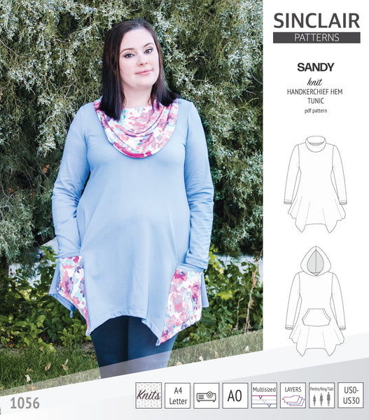 Sandy knit handkerchief hem tunic with a cowl, collar, hood and pockets ...