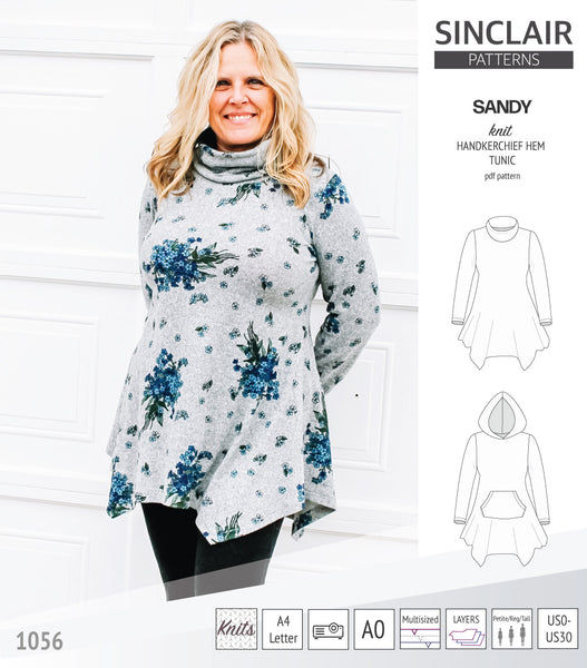 Sandy knit handkerchief hem tunic with a cowl, collar, hood and pockets ...