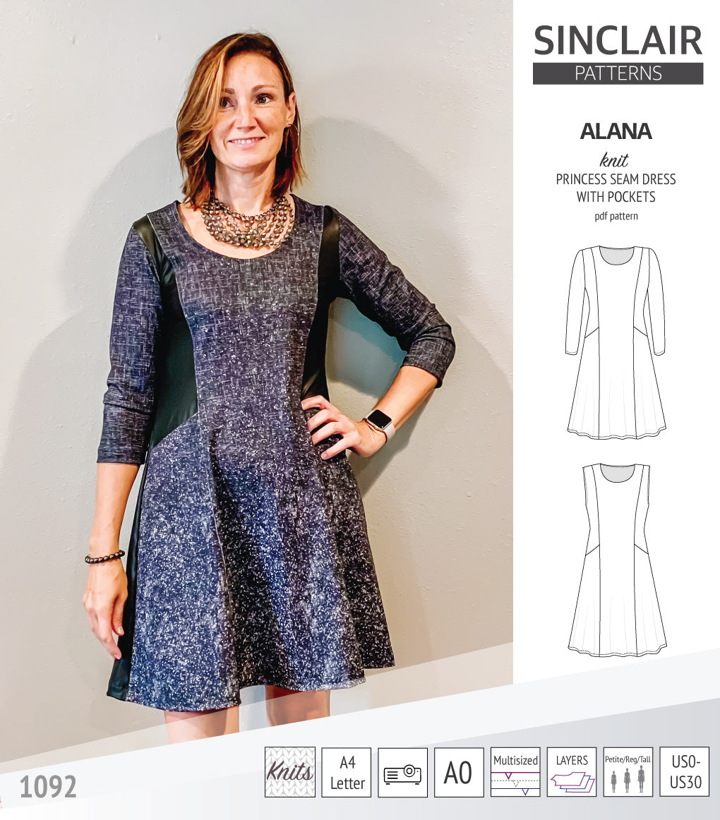 Alana princess seam knit dress with pockets pdf sewing pattern (PDF ...