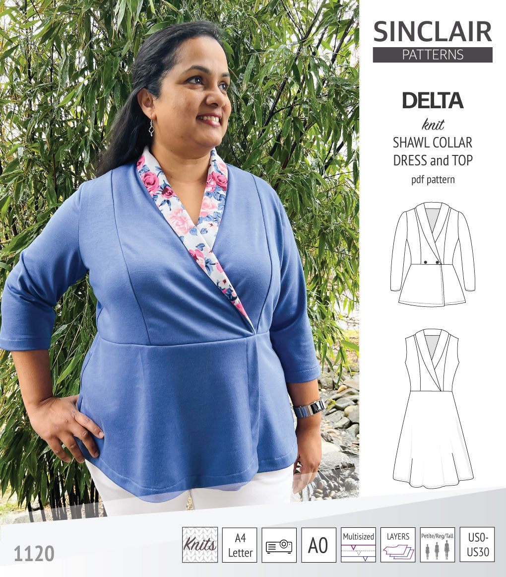 Delta knit shawl collar dress and top with princess seams (PDF ...